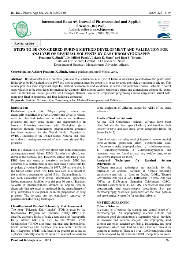 Pdf Steps To Be Considered During Method Development And Validation For Analysis Of Residual