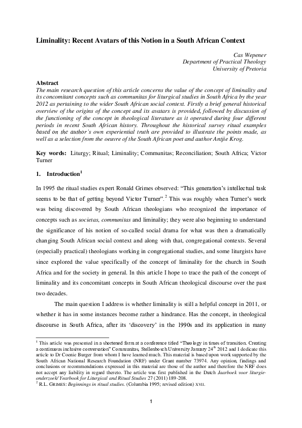 (DOC) Liminality: Recent Avatars of this Notion in a South African Context