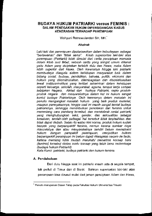 (PDF) Budaya Hukum Patriarki Versus Feminis Dalam Penegakan Hukum dipersidangan Kasus Kekerasan ...
