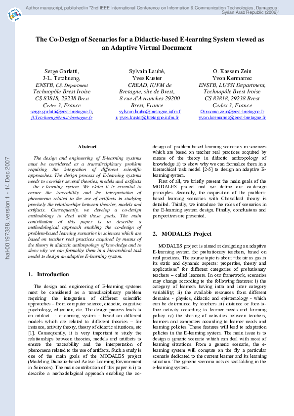 (PDF) The Co-Design of Scenarios for a Didactic-based E-learning System viewed as an Adaptive ...