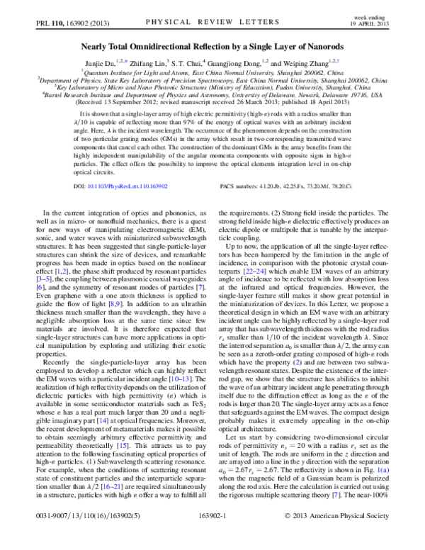 Pdf Nearly Total Omnidirectional Reflection By A Single Layer Of Nanorods