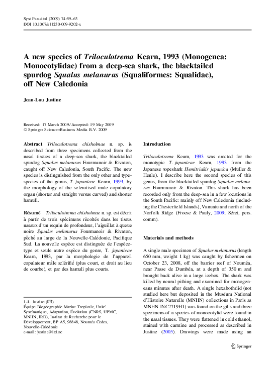 (PDF) A new species of Triloculotrema Kearn, 1993 (Monogenea ...