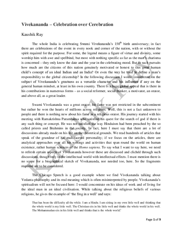 (PDF) Vivekananda – Celebration over Cerebration