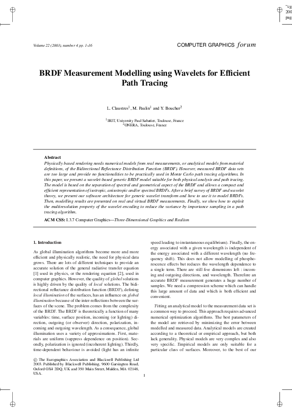 Pdf Brdf Measurement Modelling Using Wavelets For Efficient Path Tracing