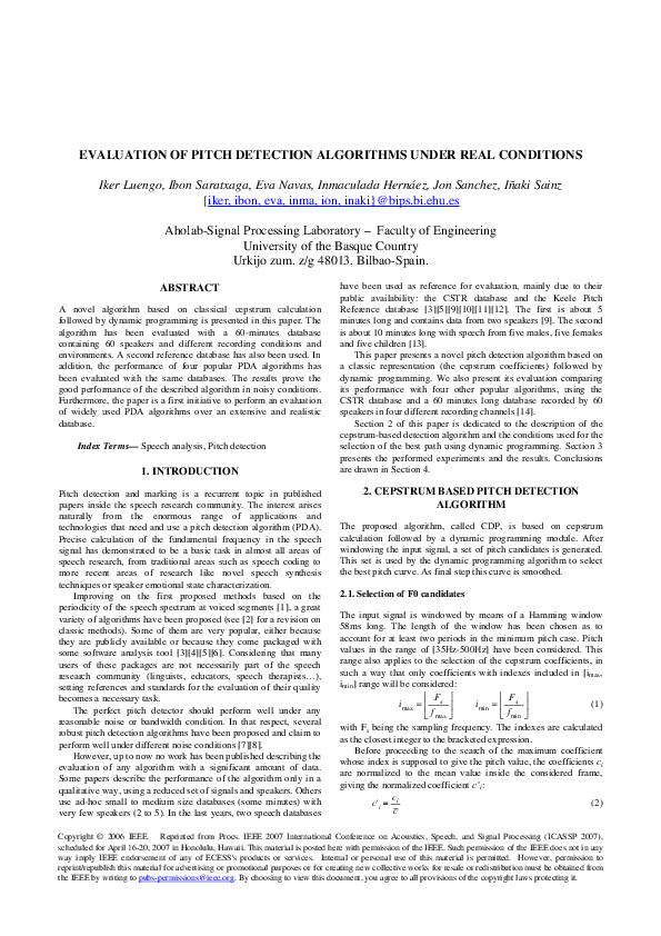 Pdf Evaluation Of Pitch Detection Algorithms Under Real Conditions 8870