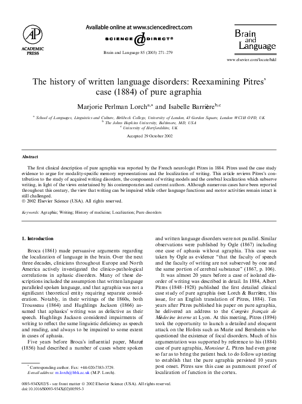 (PDF) The history of written language disorders: Reexamining Pitres ...