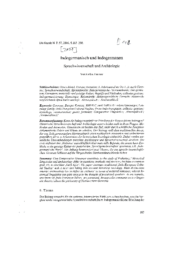 2007 Indogermanisch und Indogermanen. Sprachwissenschaft und Archäologie