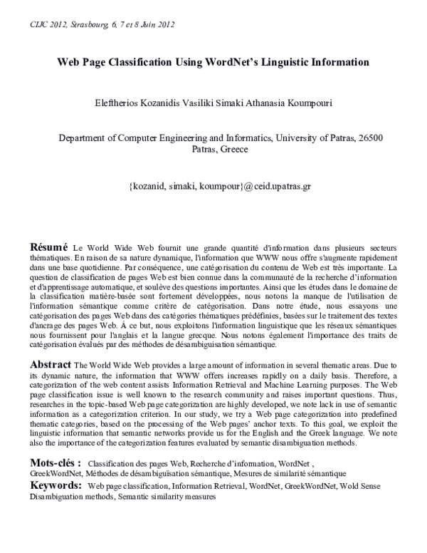 (PDF) Web Page Classification Using WordNet's Linguistic Information