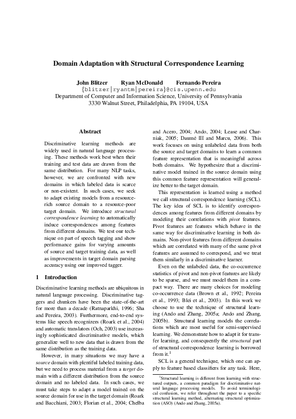 (PDF) Domain Adaptation with Structural Correspondence Learning
