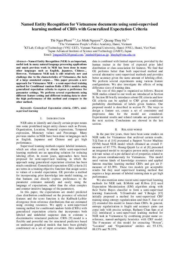 Pdf Named Entity Recognition For Vietnamese Documents Using Semi Supervised Learning Method Of