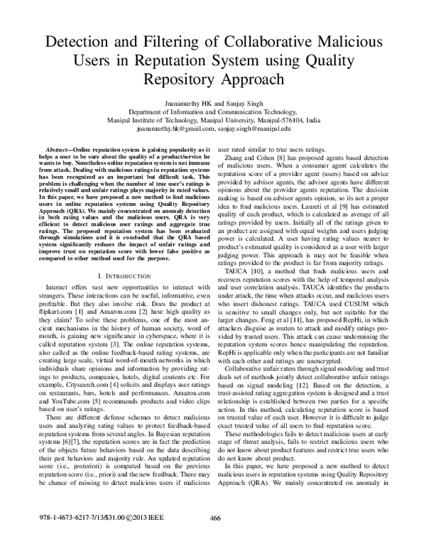Detection and Filtering of Collaborative Malicious Users in Reputation System using Quality ...