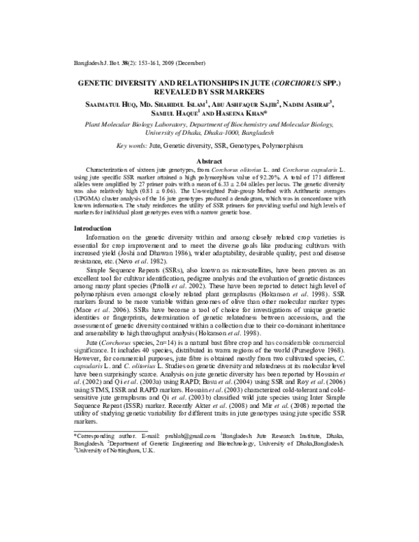(PDF) GENETIC DIVERSITY AND RELATIONSHIPS IN JUTE (CORCHORUS SPP.) REVEALED BY SSR MARKERS