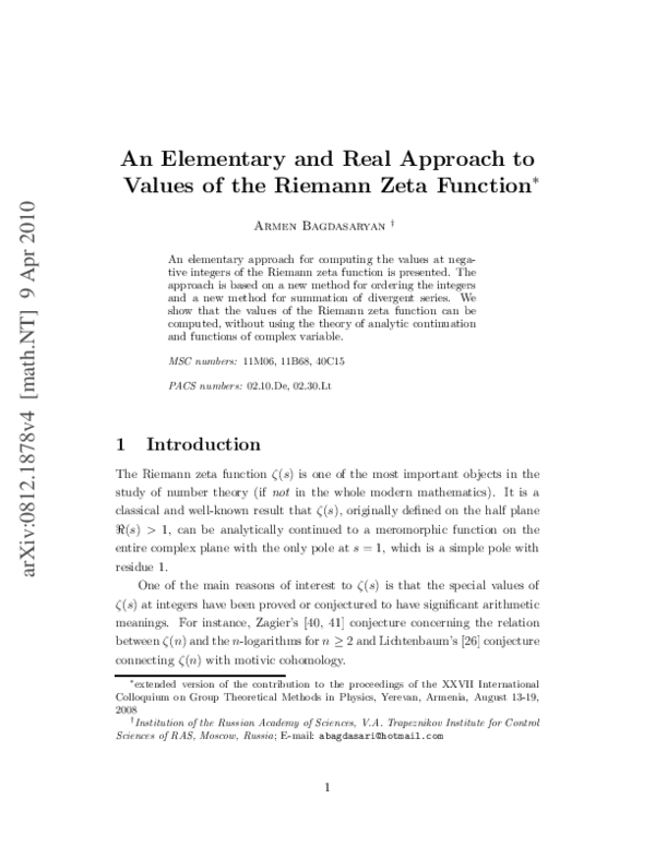 Pdf An Elementary And Real Approach To Values Of The Riemann Zeta Function