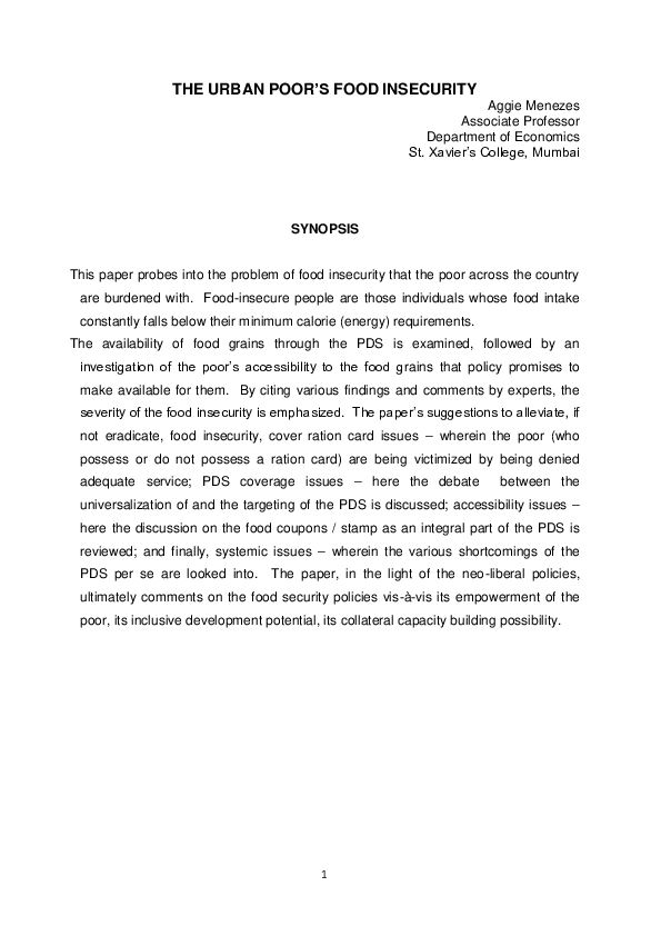 (DOC) THE URBAN POOR'S FOOD INSECURITY