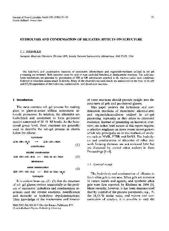(PDF) HYDROLYSIS AND CONDENSATION OF SILICATES: EFFECTS ON STRUCTURE