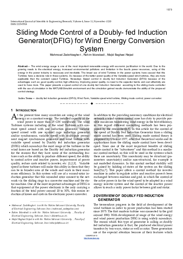 Pdf Speed Control In Doubly Fed Induction Generator Dfig Based On