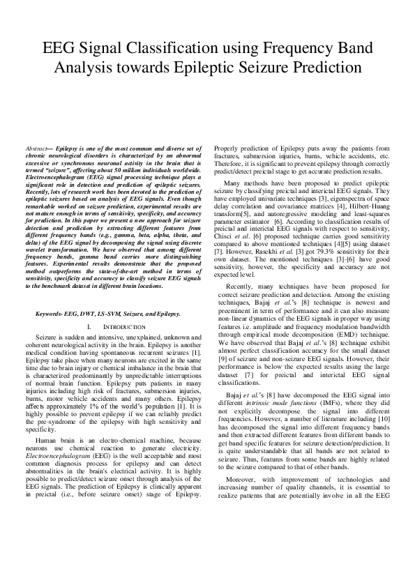 (PDF) EEG Signal Classification using Frequency Band Analysis towards Epileptic Seizure Prediction