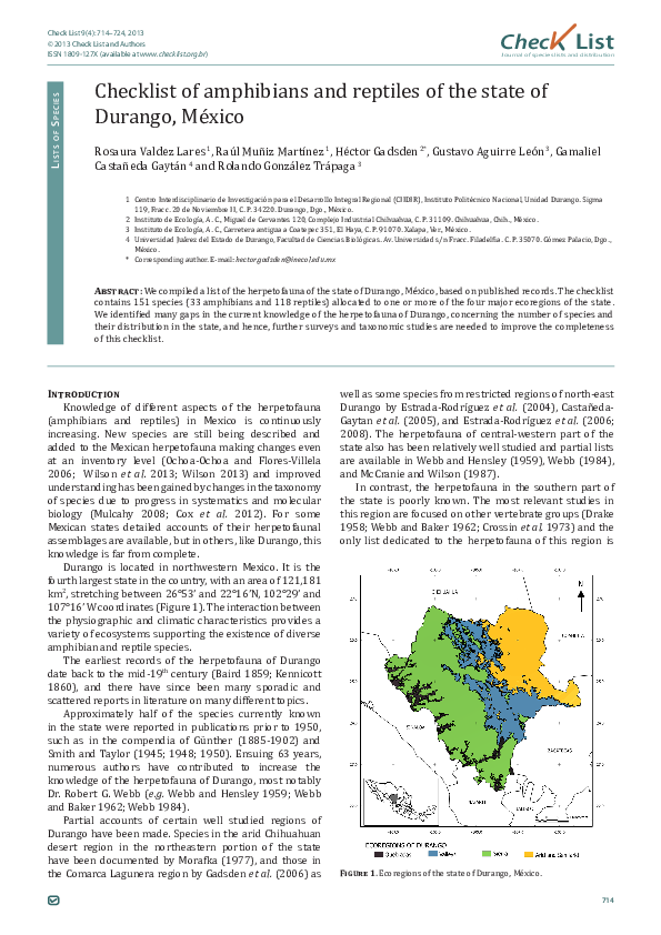 (PDF) Checklist of Amphibians and Reptiles of the State of Durango ...