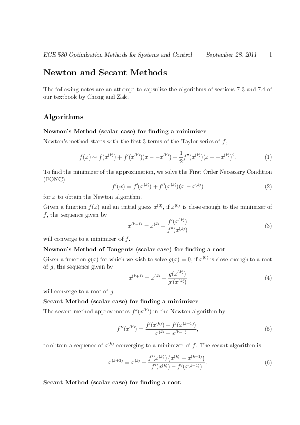 (PDF) ECE 580 Optimization Methods for Systems and Control Newton and Secant Methods