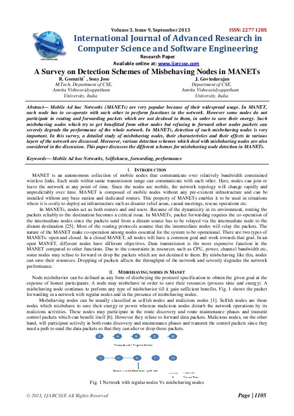 Pdf Survey On Detection Schemes Of Misbehaving Nodes In Manet Jayaprakash Govindarajan