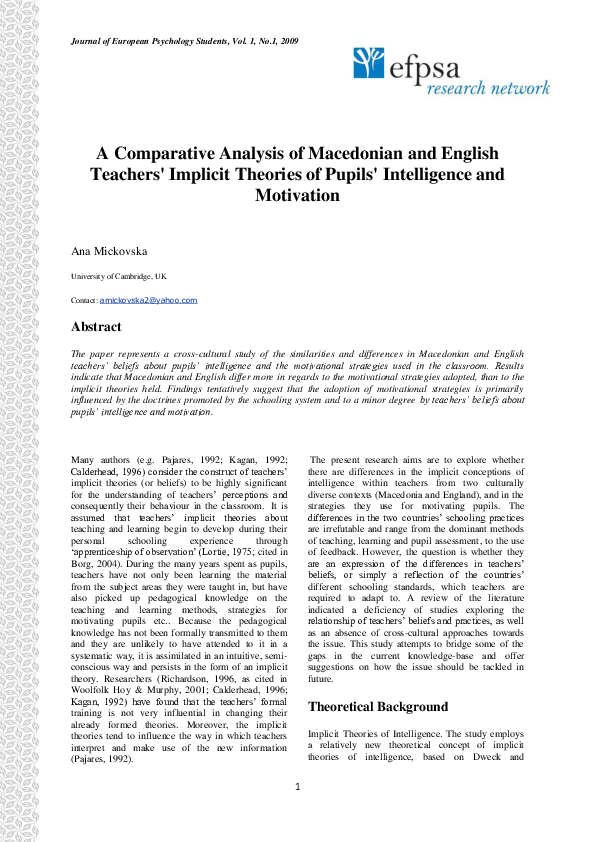 (PDF) Teachers' Implicit Theories of Pupil Intelligence and Motivation: Comparative analysis ...
