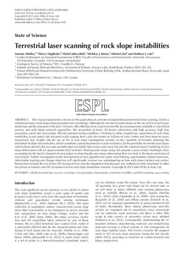 Terrestrial laser scanning of rock slope instabilities