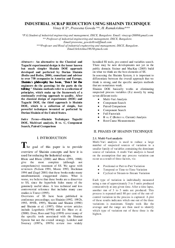 Pdf Industrial Scrap Reduction Using Shainin Technique
