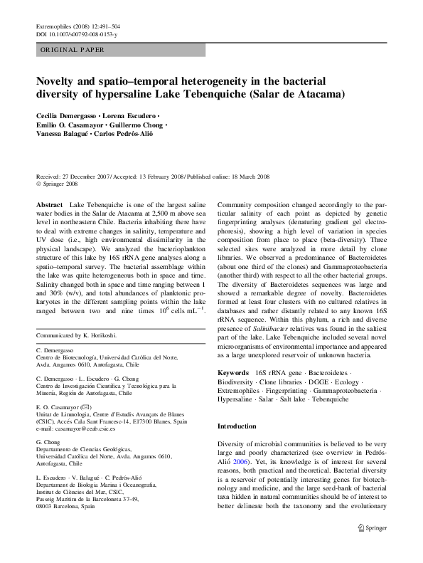 (PDF) Novelty and spatio–temporal heterogeneity in the bacterial diversity of hypersaline Lake ...