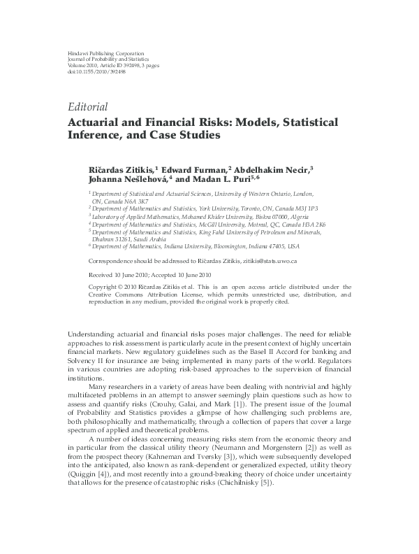 (PDF) Actuarial and Financial Risks: Models, Statistical Inference, and Case Studies
