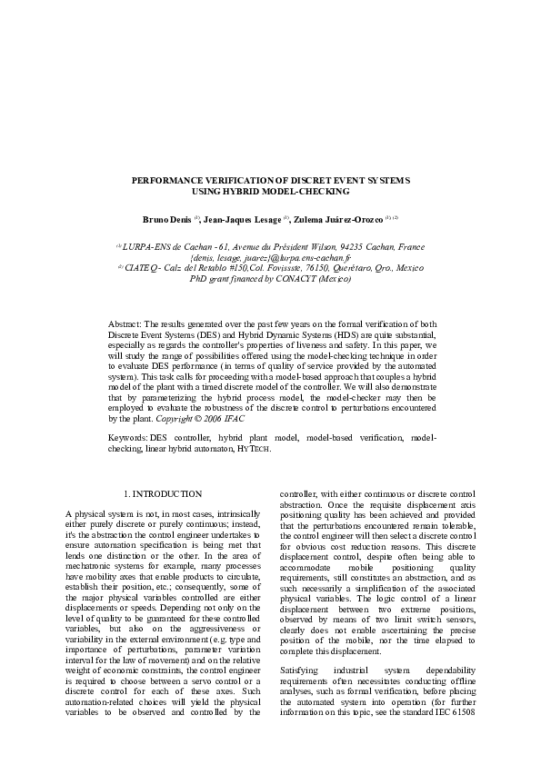 Pdf Performance Verification Of Discret Event Systems Using Hybrid Model Checking