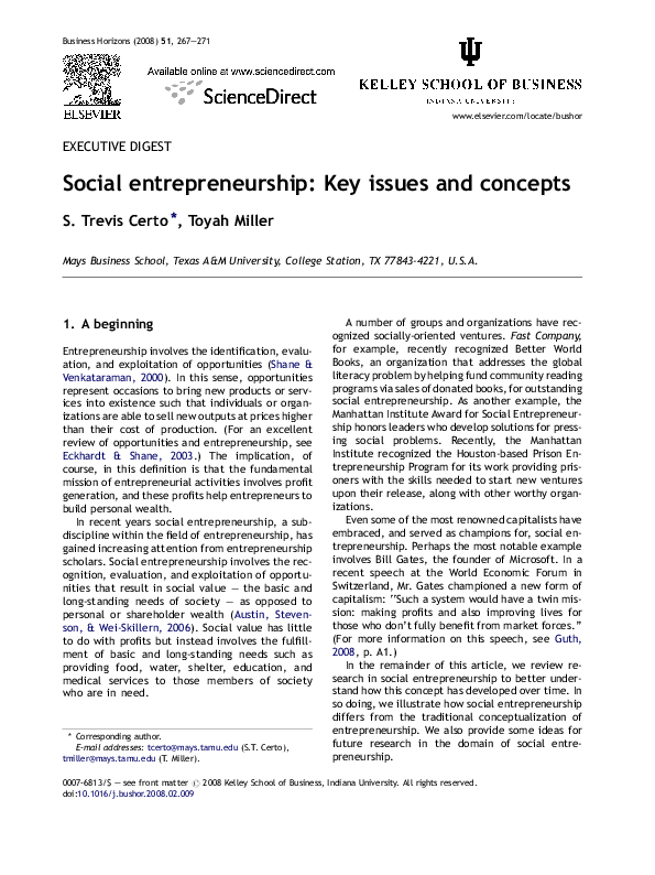 (PDF) Social entrepreneurship: Key issues and concepts