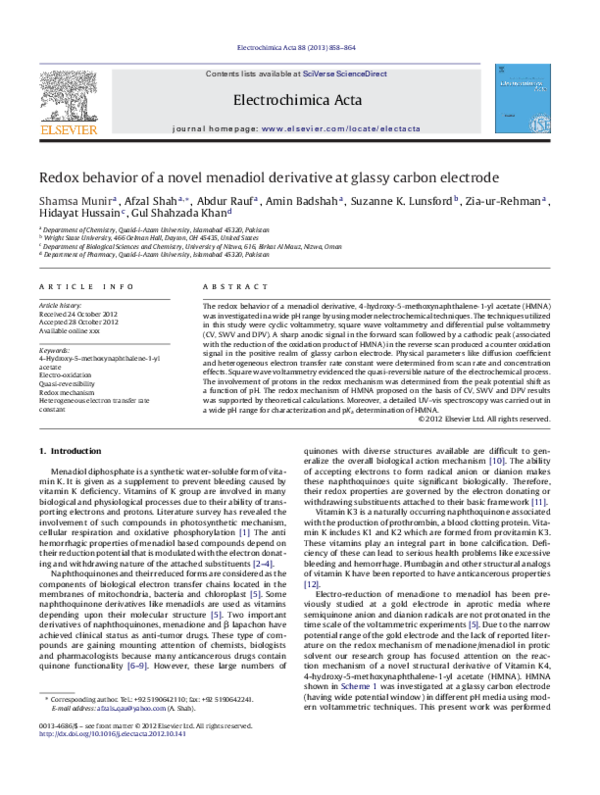 (PDF) Redox behaviour of Menadiol derivative at glassy carbon electrode