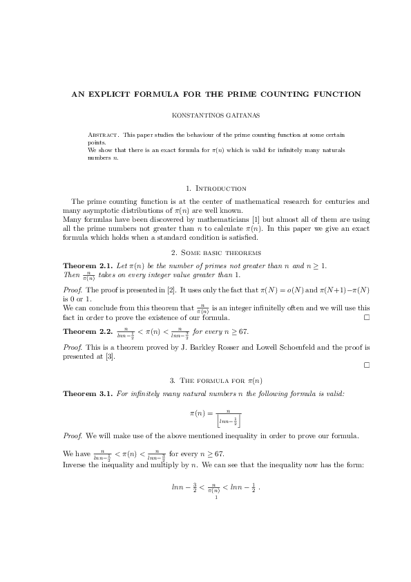 Pdf An Explicit Formula For The Prime Counting Function