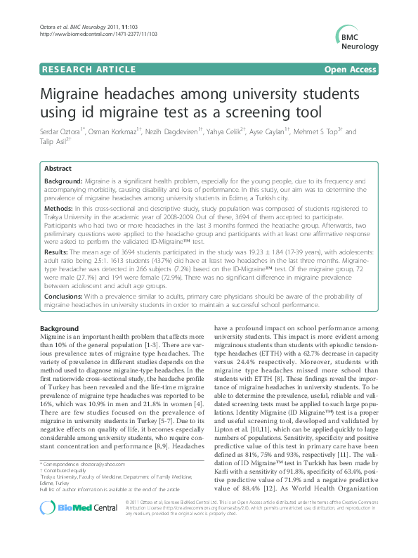 (PDF) R Migraine headaches among university students using id migraine ...
