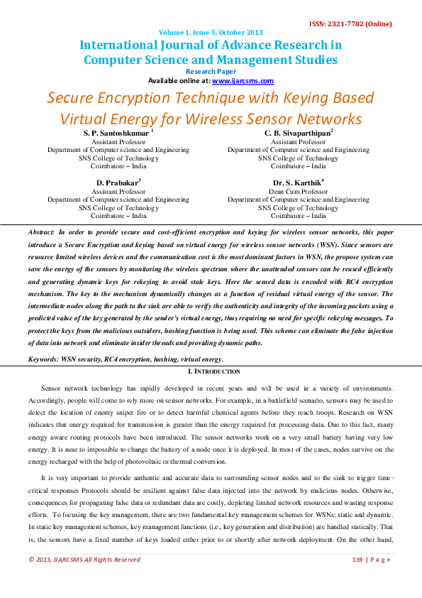 Pdf Secure Encryption Technique With Keying Based Virtual Energy For Wireless Sensor Networks