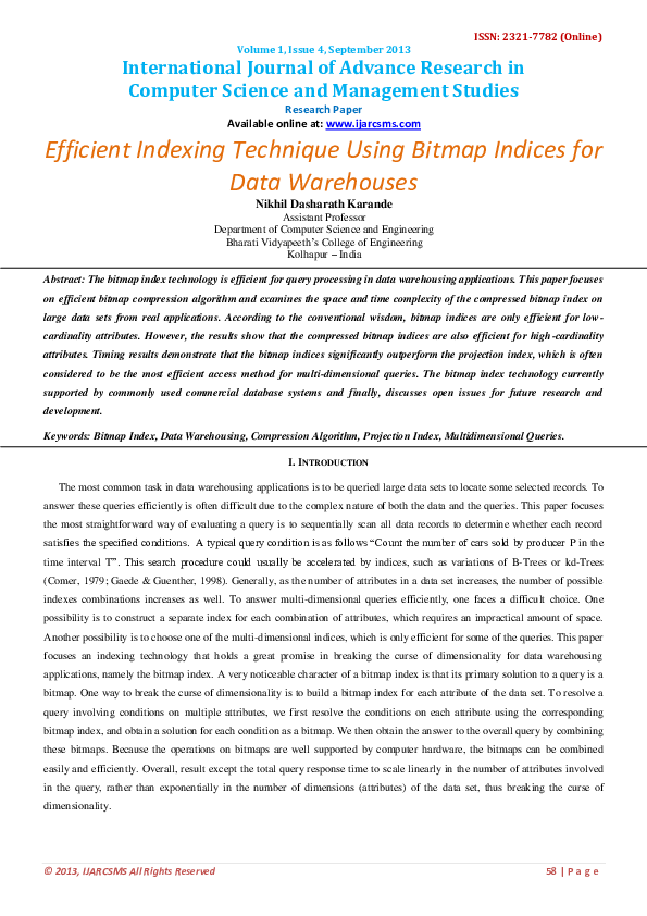 Pdf Efficient Indexing Technique Using Bitmap Indices For Data Warehouses 2857