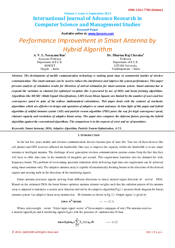 Pdf Performance Improvement In Smart Antenna By Hybrid Algorithm