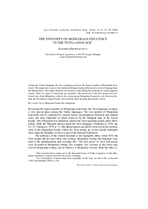 (PDF) The intensity of Mongolic influence in the Tuvan language