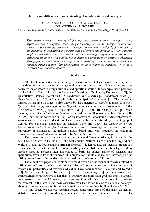 Pdf Errors And Difficulties In Understanding Elementary Statistical Concepts