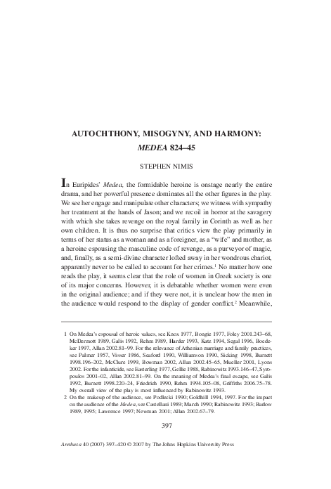 (PDF) Autochthony, Misogyny and Harmony: Medea 824-45