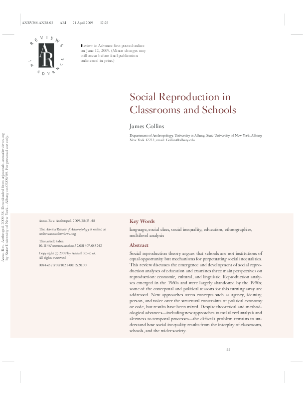 (PDF) Social reproduction in classrooms and schools (2009)