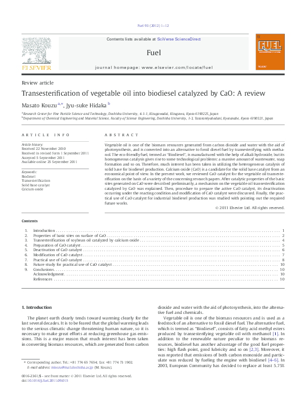 (PDF) Transesterification of vegetable oil into biodiesel catalyzed by ...
