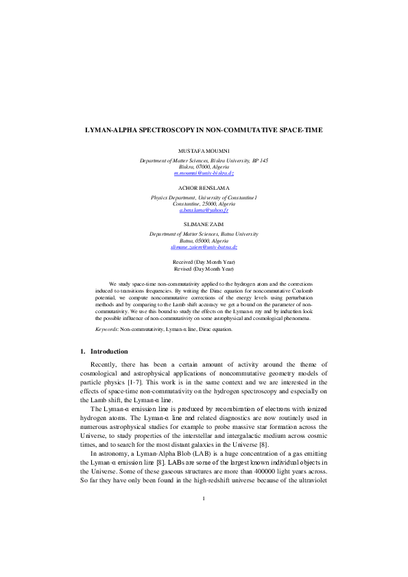(PDF) Lyman-Alpha Spectroscopy in Non-Commutative Space-Time | Mustafa Moumni - Academia.edu