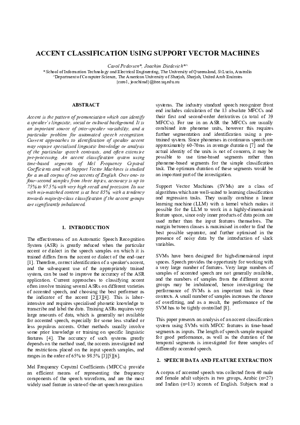 (PDF) ACCENT CLASSIFICATION USING SUPPORT VECTOR MACHINES
