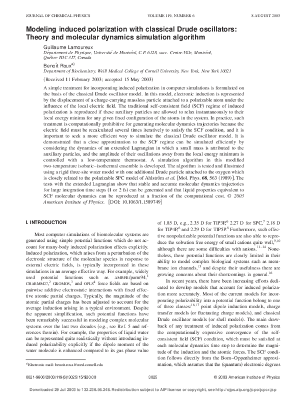 (PDF) Modeling induced polarization with classical Drude oscillators: Theory and molecular ...
