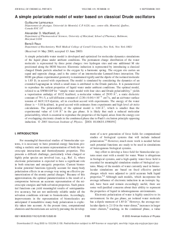 (PDF) A simple polarizable model of water based on classical Drude ...
