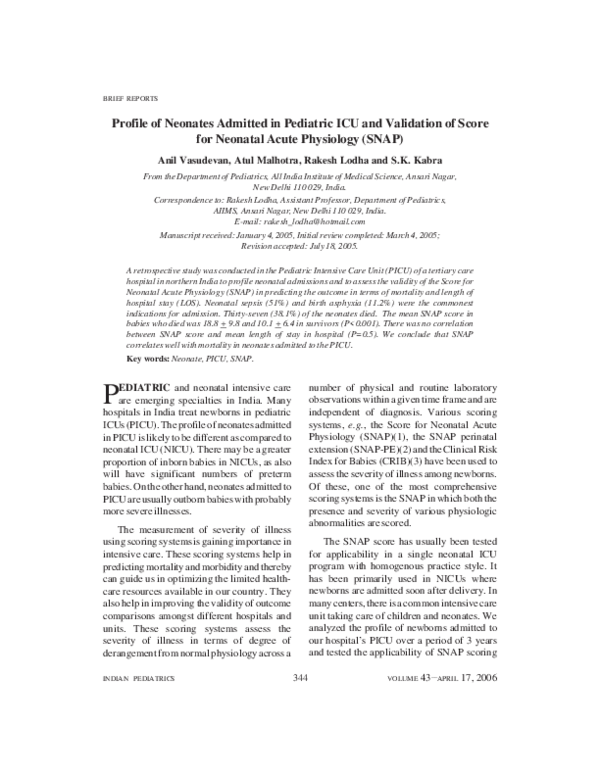 (PDF) Profile of Neonates Admitted in Pediatric ICU and Validation of ...