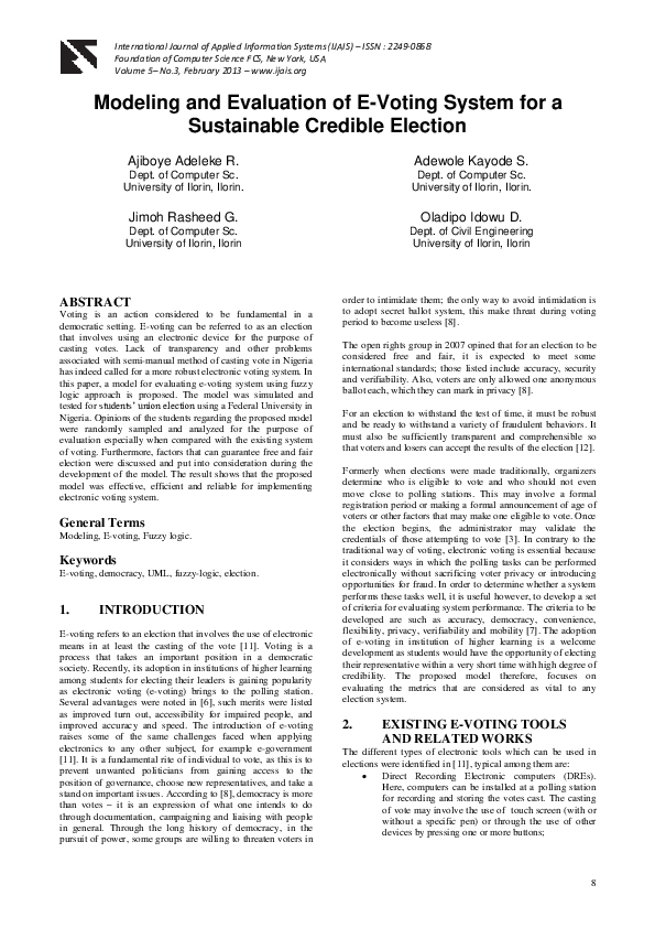 (PDF) Modeling and Evaluation of E-Voting System for a Sustainable Credible Election