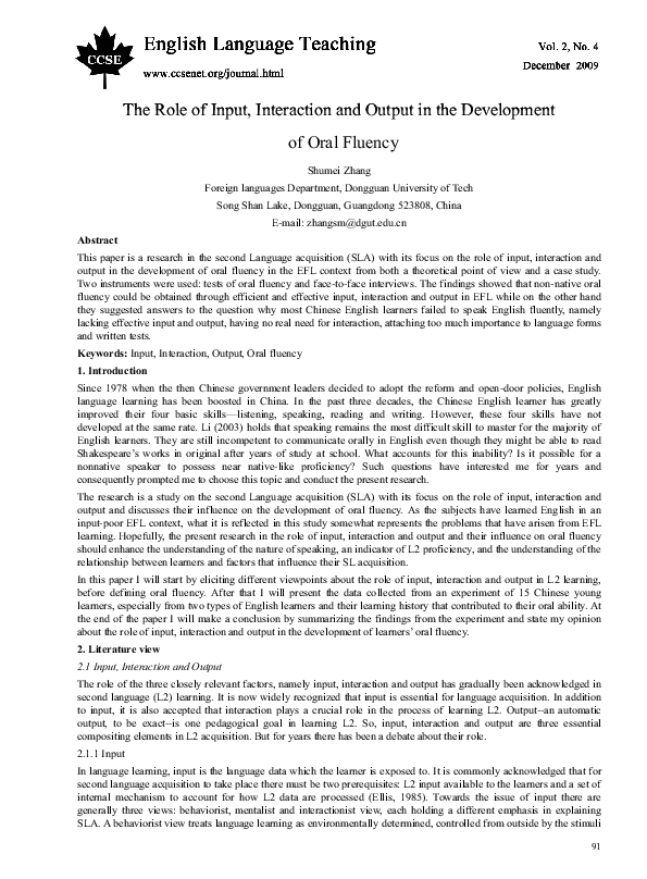 (PDF) English Language Teaching The Role of Input, Interaction and Output in the Development of ...