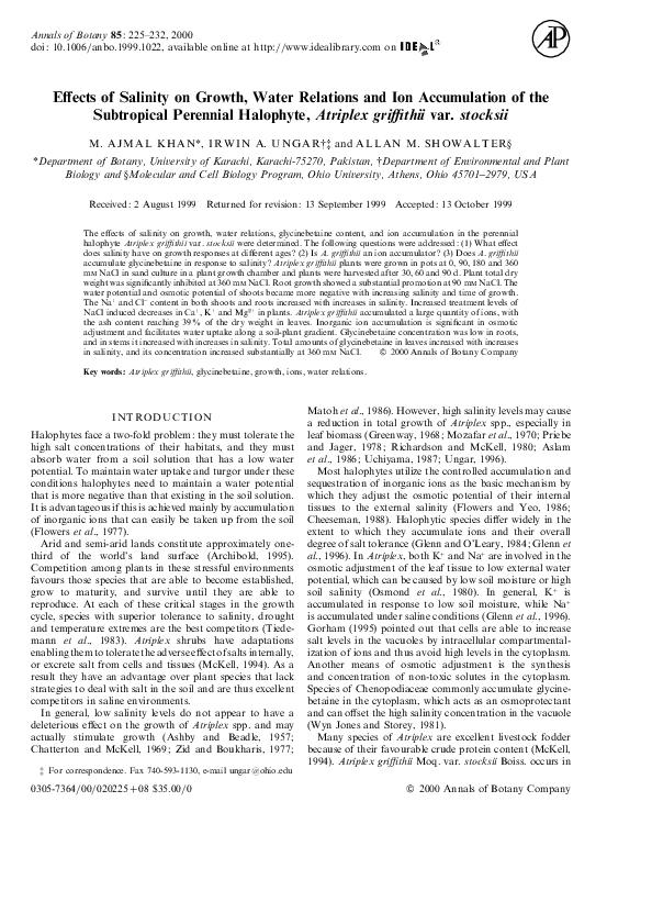 (PDF) Effects of Salinity on Growth, Water Relations and Ion ...
